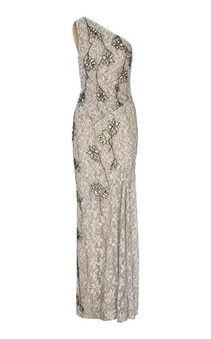 Ila Eve One-shoulder Lace Maxi Dress With Hand-beaded Embellishments - Black/white