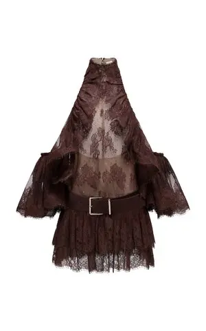 MONTSAND Ruffled High-neck Lace Mini Dress With Belt - Brown
