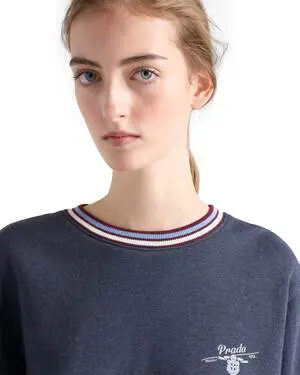 Prada Cotton Fleece Crewneck Sweatshirt With Striped Accents - Blue