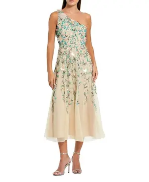 Mac Duggal Floral Embellished One-shoulder Midi Dress - Nude Multi
