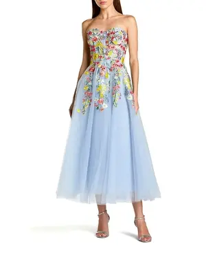 Mac Duggal Strapless Floral Embroidered A-line Midi Dress