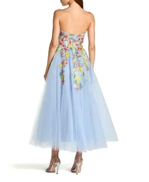 Mac Duggal Strapless Floral Embroidered A-line Midi Dress