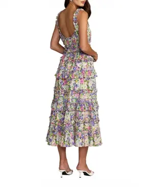 Mac Duggal Floral Ruffle Cotton A-line Midi Dress