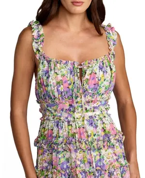Mac Duggal Floral Ruffle Cotton A-line Midi Dress