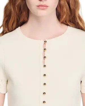 Sandro Knit Dress With Button Detail And Scalloped Hem - Ecru