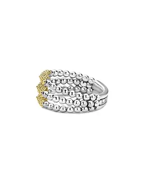 Lagos 18k Yellow Gold & Sterling Caviar Icon Beaded Triple Row Ring - Silver