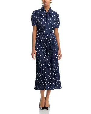 SELF-PORTRAIT Polka Dot Satin Midi Dress - Navy