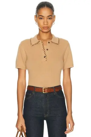 FRAME The Leather Stitch Polo Top - Camel