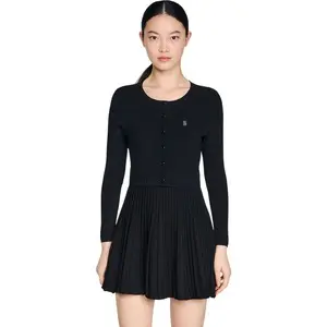 Sandro Pleated Knit Short Dress - Black
