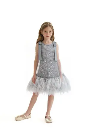 TULLEEN Sequin Feather Dress - Silver