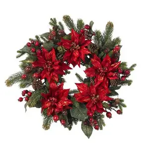 NEARLY NATURAL 24-in Poinsettia & Berry Wreath - Red