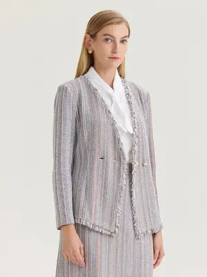 Misook Asymmetrical Fringe Trim Knit Jacket