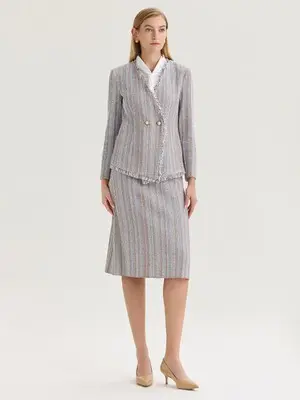Misook Asymmetrical Fringe Trim Knit Jacket