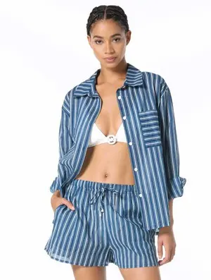 Michael Kors Marina Stripe Cover Up Shirt - River Blue