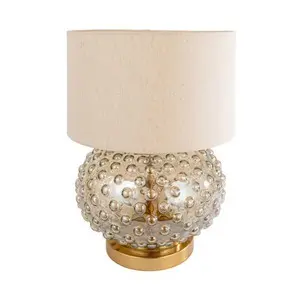 STORIED HOME Glass Hobnail Table Lamp With Brass Finish Base, Cotton Shade And Inline Switch - Grey