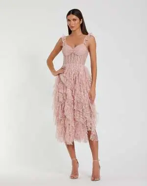 Mac Duggal Pink Lace Ruffle Tiered Midi Dress - Blush