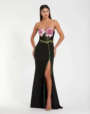Mac Duggal Strapless Embroidered Bustier Gown - Black
