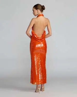 Mac Duggal Sequin Halter Gown With Open Back - Orange