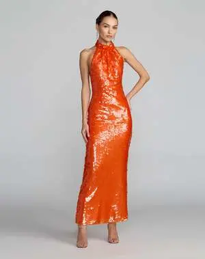 Mac Duggal Orange Sequin Halter Open Back Gown - Tangerine
