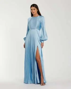 Mac Duggal Pleated High Neck Raglan Long Sleeve Side Slit Gown - Blue