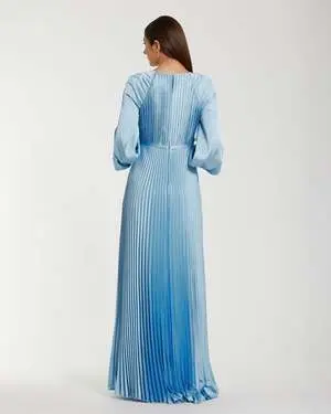 Mac Duggal Pleated High Neck Raglan Long Sleeve Side Slit Gown - Blue