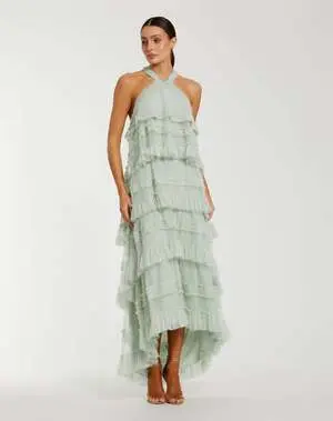 Mac Duggal Tiered Ruffle Halter Neck Midi Dress - Green