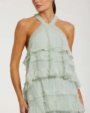 Mac Duggal Tiered Ruffle Halter Neck Midi Dress - Green