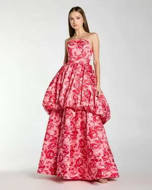 Mac Duggal Floral Brocade Strapless Gown - Pink Multi