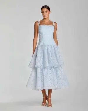 Mac Duggal Embroidered Lace Tiered Midi Dress - Blue