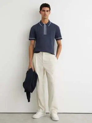 REISS Rothwell Tipped Half-button Knitted Polo Shirt - Navy