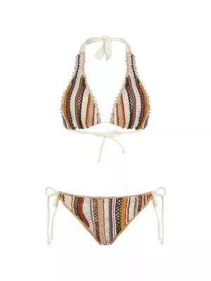 AMIR SLAMA Striped Beachwear With Fringed Trim - Neutrals