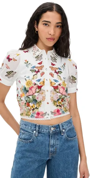 Alice + Olivia Rosie Embroidered Puff Sleeve Cropped Button Down Blouse - Solar Strength Off White
