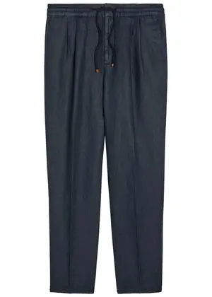 Brunello Cucinelli Drawstring Tapered-leg Linen Trousers - Blue