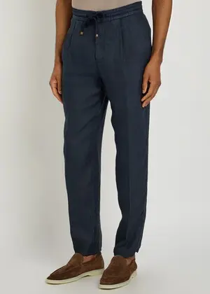 Brunello Cucinelli Drawstring Tapered-leg Linen Trousers - Blue