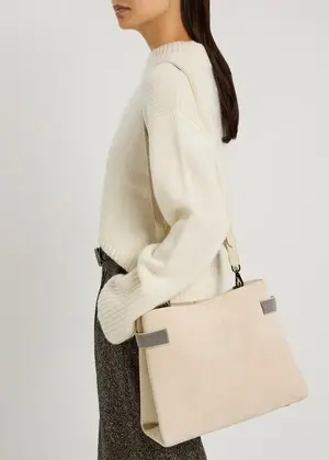 Brunello Cucinelli Stud-embellished Suede Top Handle Bag - Ivory