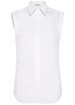 Brunello Cucinelli Stud-embellished Cotton-blend Poplin Top - White