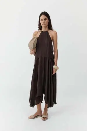 ST. AGNI Silk Handkerchief Halter Dress - Bark