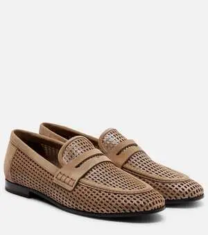 Brunello Cucinelli Perforated Suede-trimmed Leather Penny Loafers - Beige