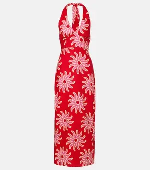 CALA DE LA CRUZ Dasha Printed Halterneck Linen Maxi Dress - Red