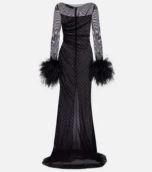 Gucci Gg Feather-trimmed Sheer Gown - Black