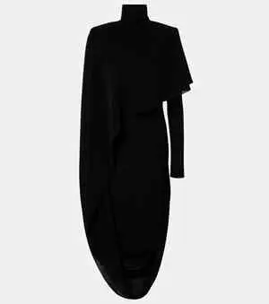 MUGLER Asymmetric Caped Crêpe Midi Dress - Black