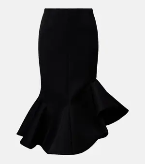 MUGLER Asymmetric Ruffled Wool-blend Midi Skirt - Black