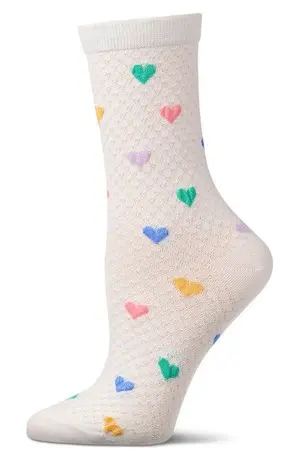 MEMOI Colorful Hearts Cotton Blend Crew Socks - White