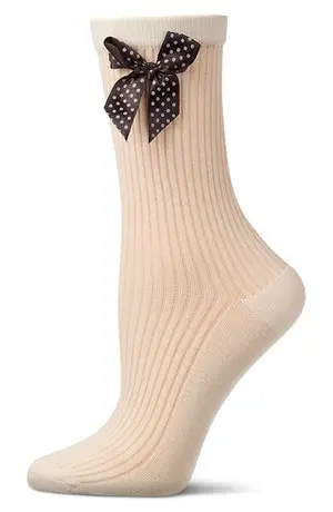 MEMOI Polka Dot Bow Rib Cotton Blend Crew Socks - Yellow