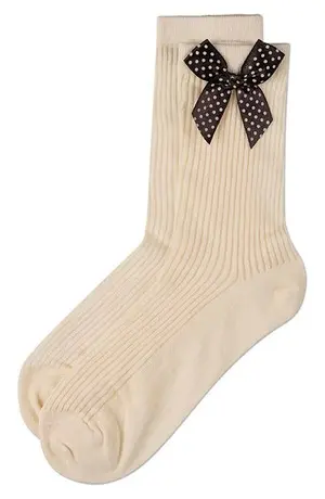 MEMOI Polka Dot Bow Ribbed Crew Socks