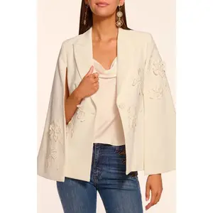 Ramy Brook Rosalinda Embroidered Floral Appliqué Cape Sleeve Jacket - Ivory