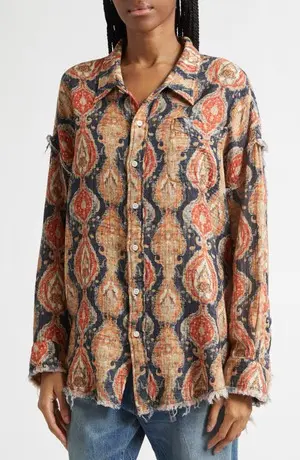R13 Shredded Seam Drop Neck Button-up Shirt