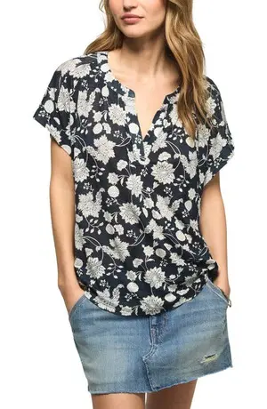 Lucky Brand Sandwash Notch Neck Floral Top - Navy Floral
