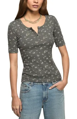 Lucky Brand Rib Henley Top - Black Floral