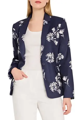 TAHARI ASL Floral One Button Blazer - Navy Ivory